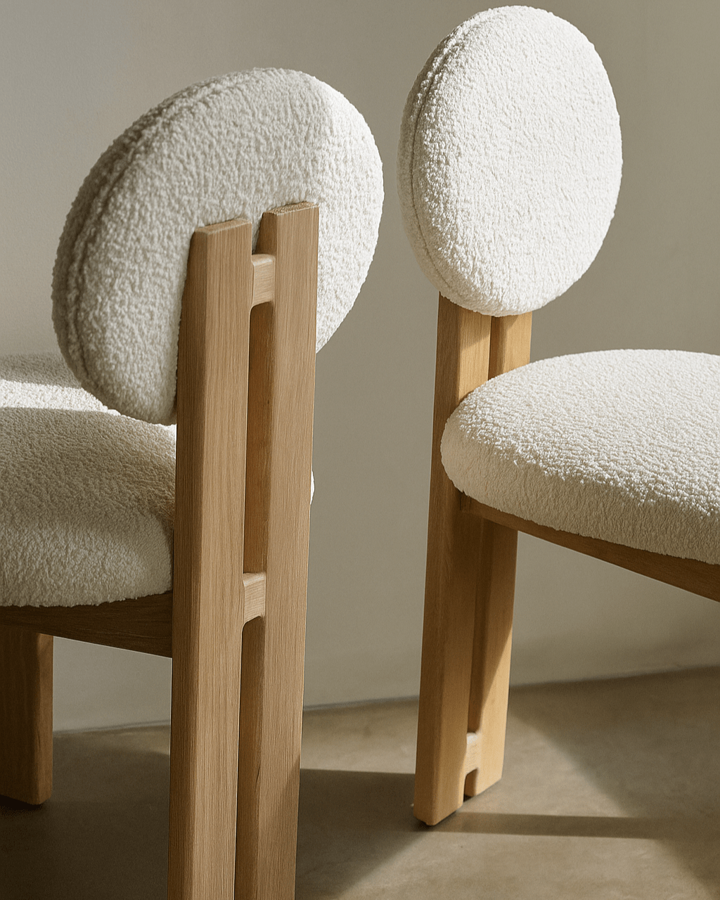 Aziz Sherpa Boucle Dining Chairs - Off-White Oak Set – Belaré Home